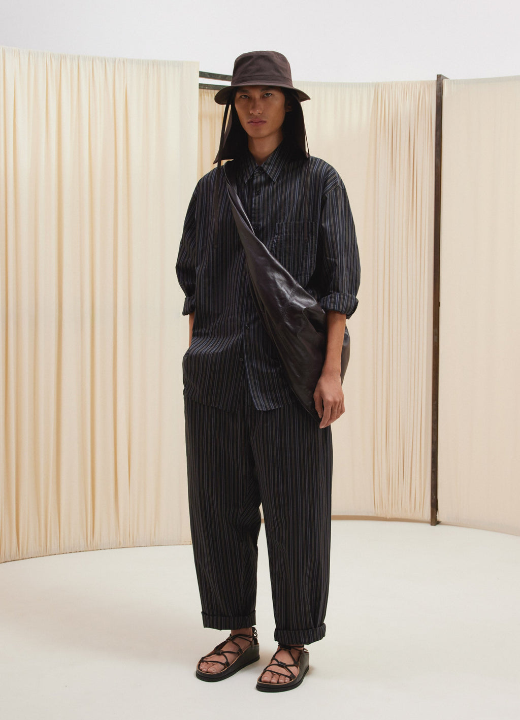 일반 셔츠 - Dark Brown/Marine - Striped Cotton Silk - 남성 | LEMAIRE