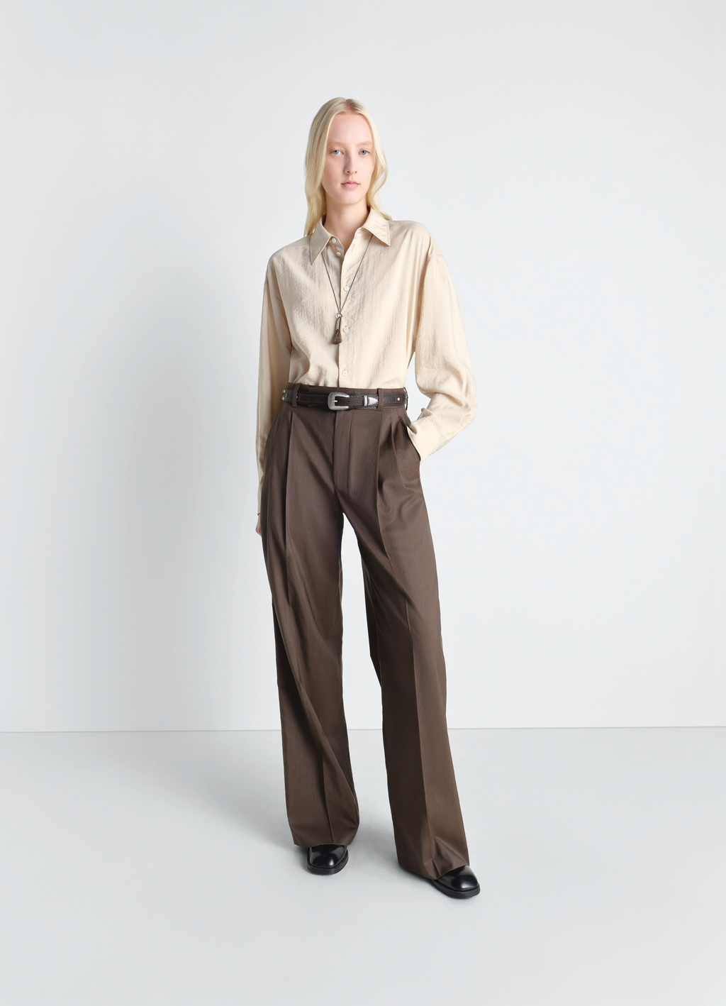 LONG SHIRT WITH TIE IN DRY SILK - Oat Milk - Dry Silk - Women | LEMAIRE