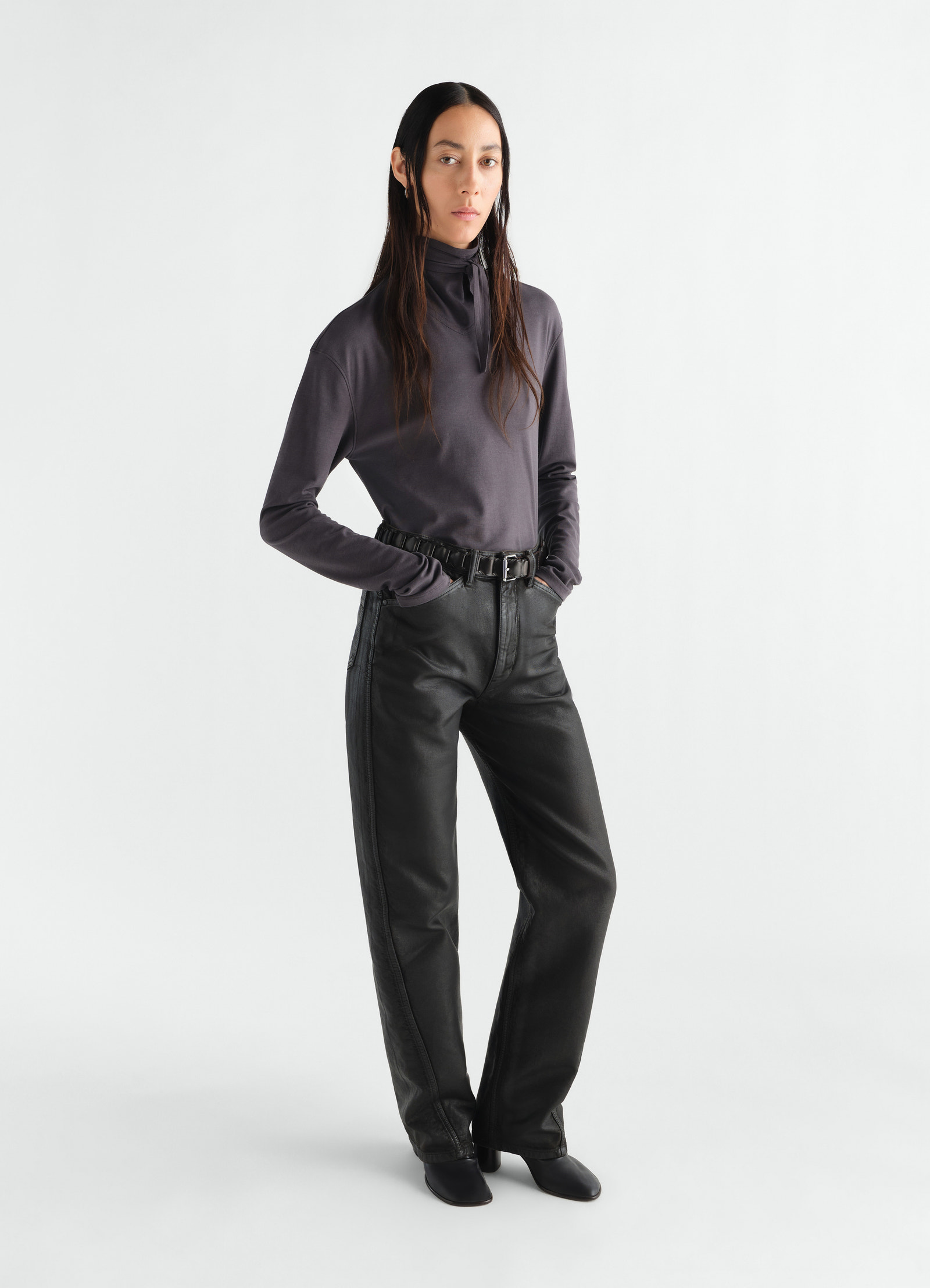 LONG-SLEEVE SCARF TOP IN SILKY JERSEY CREPE - Basalt - Silky jersey ...